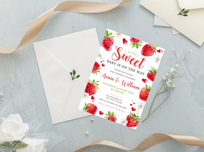 Editable Berry Sweet Baby Shower Invitation, Blush Berry Sweet Invite ...