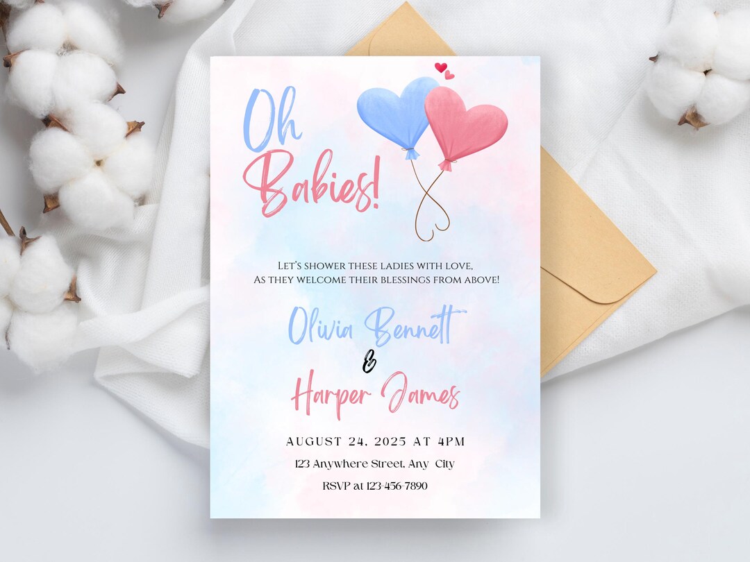 Joint Baby Shower Invitation for Two Moms, Oh Babies! Pink and Blue ...