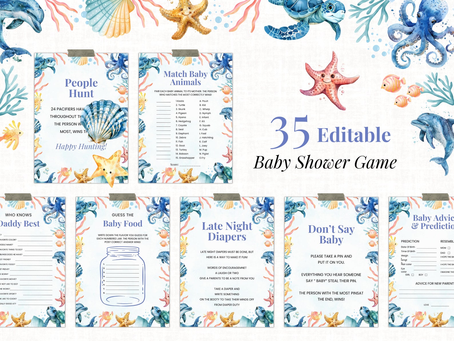 Under the Sea Baby Shower Games,ocean Baby Shower Game Pack, Blue ...