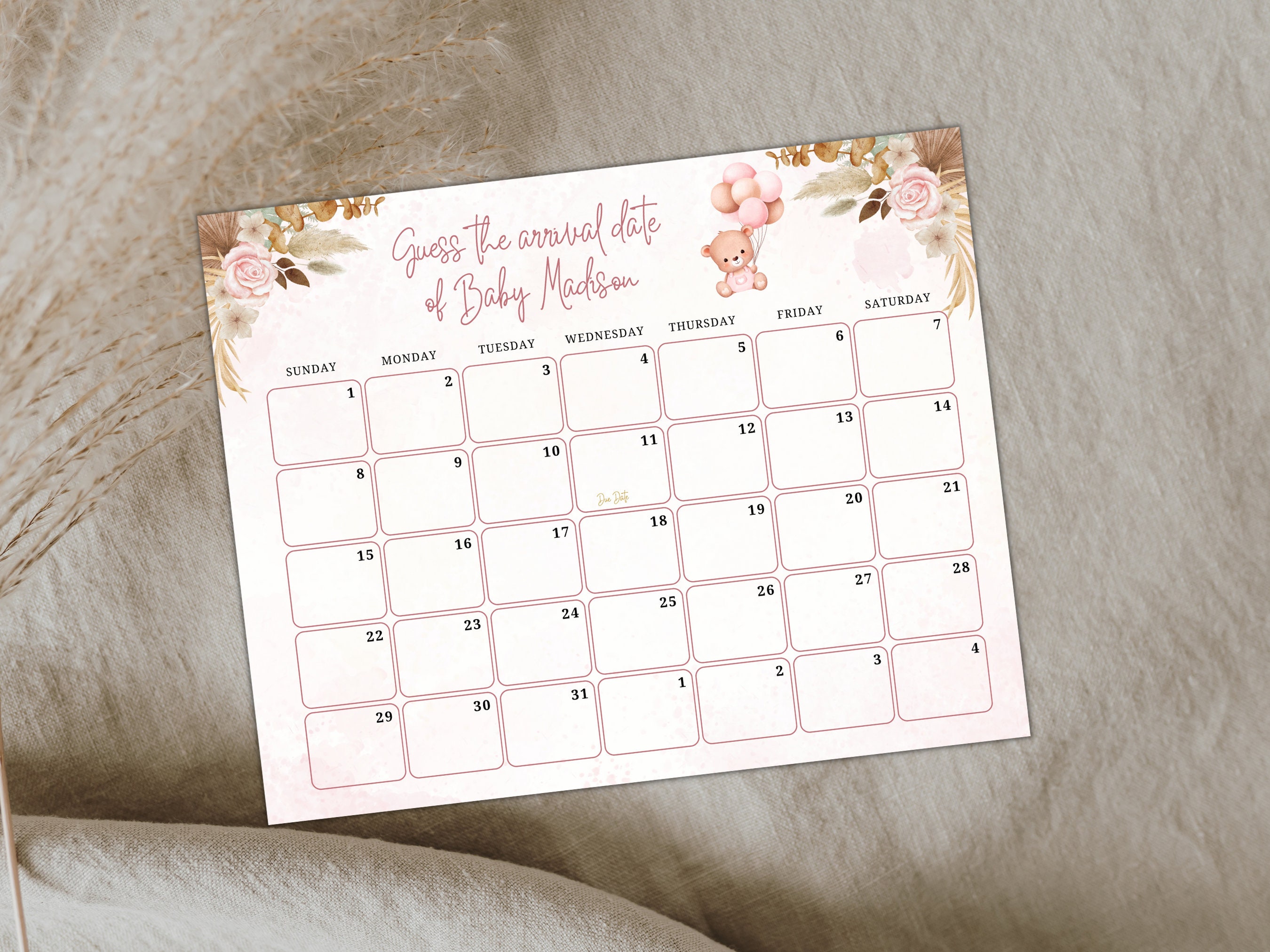Boho Teddy Bear Baby Due Date Calendar, Baby Shower Game, Guess Baby's ...
