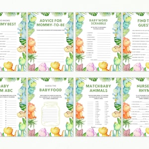 Dinosaur Baby Shower Games Bundle, Greenery Dino Baby Shower Activities ...