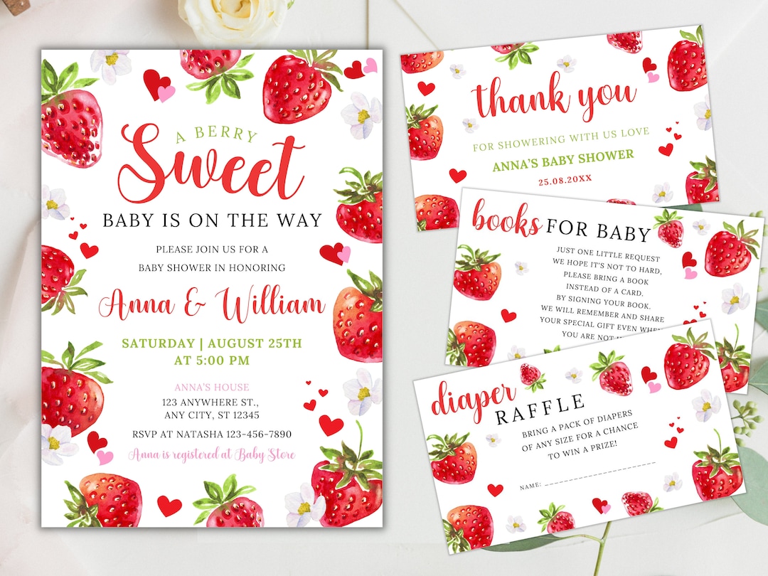 Editable Berry Sweet Baby Shower Bundle, Strawberry Baby Shower Invitation Bundle, Berry Baby ...