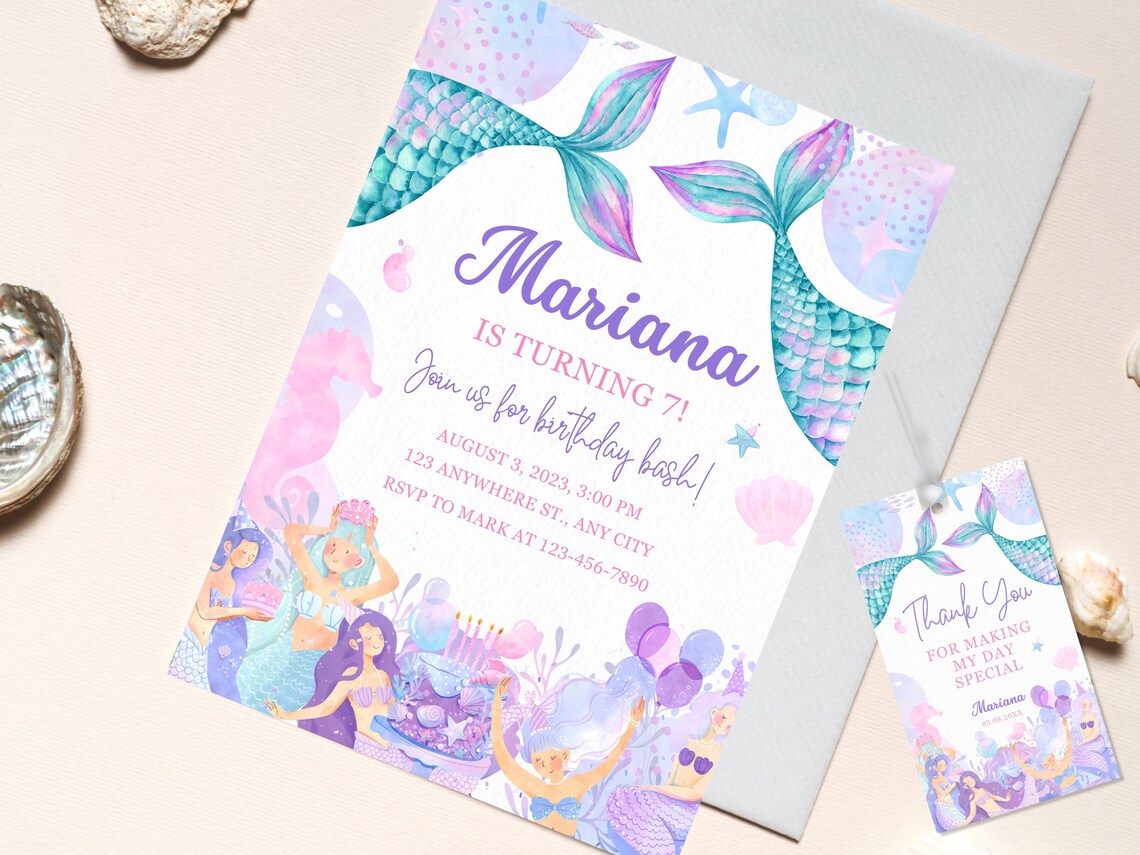 Editable Mermaid Birthday Invitation Canva Template Sea - Etsy