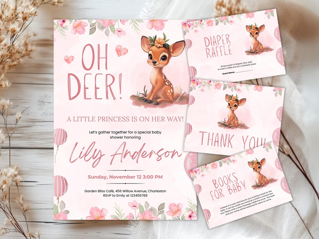 Editable Oh Deer Baby Shower Invitation Bundle, Floral Girl Baby Deer ...