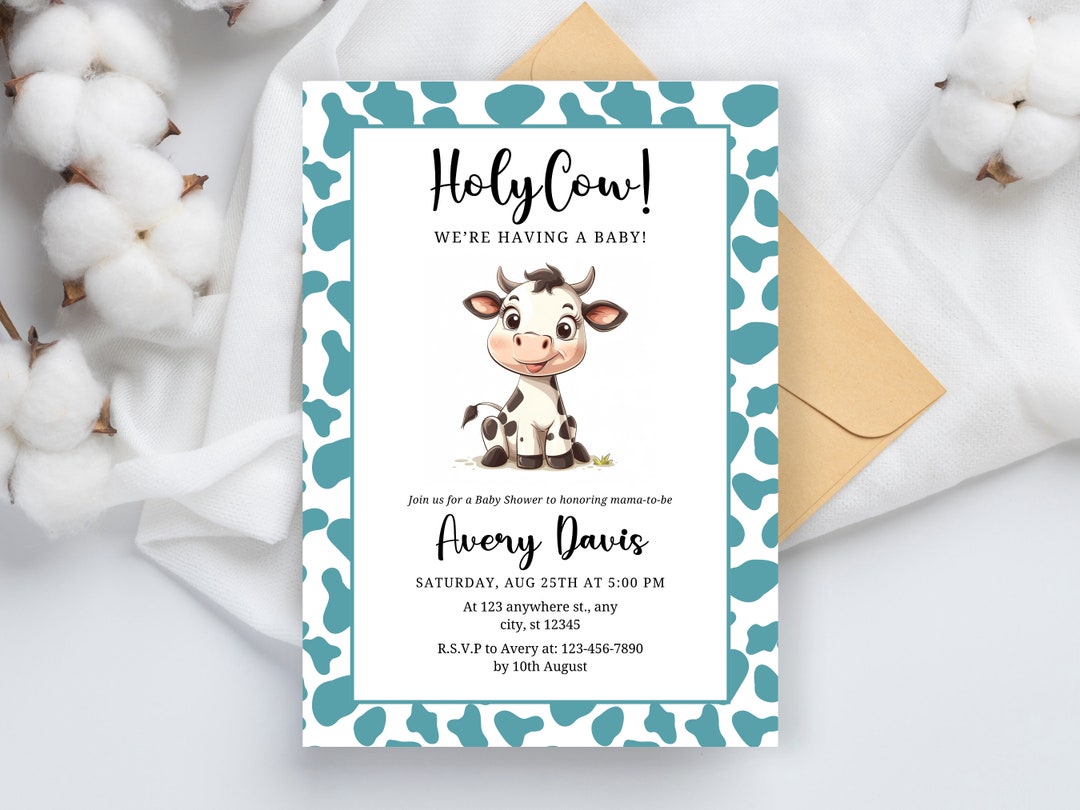 Editable Holy Cow Baby Shower Invitation,boy Blue Cow Baby Shower ...