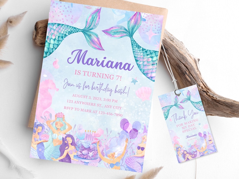 Editable Mermaid Birthday Invitation Canva Template, Sea Birthday Party ...