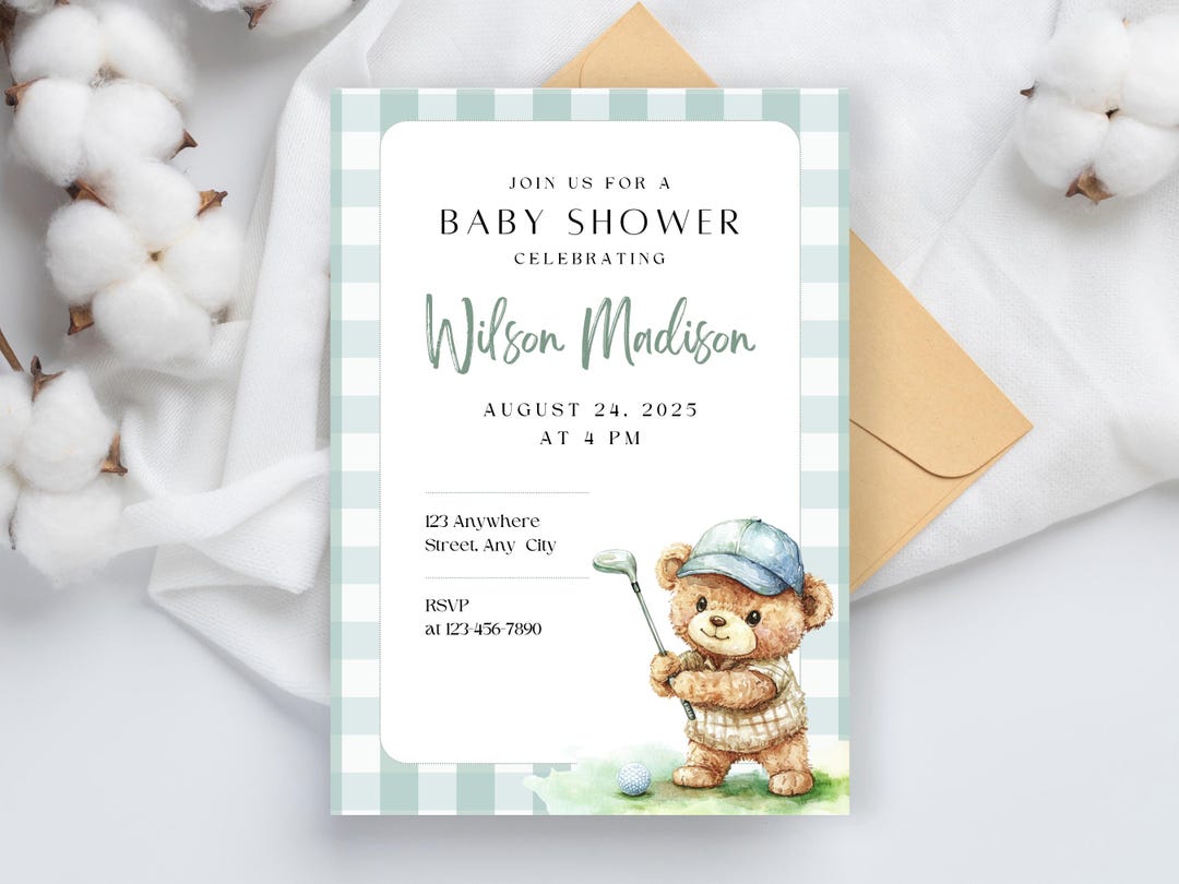 Cute Bear Golf Baby Shower Template, Printable Blue Gingham Baby Shower ...