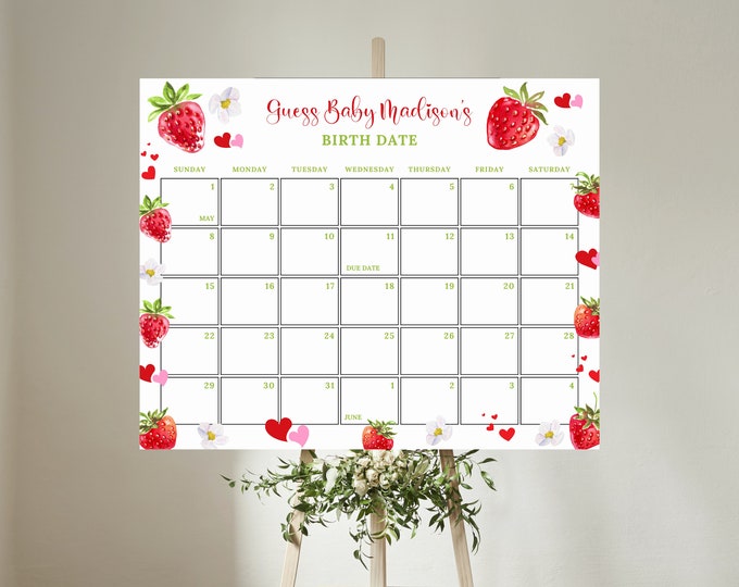 Editable Strawberry Baby Shower Due Date Calendar, Berry Sweet Baby ...