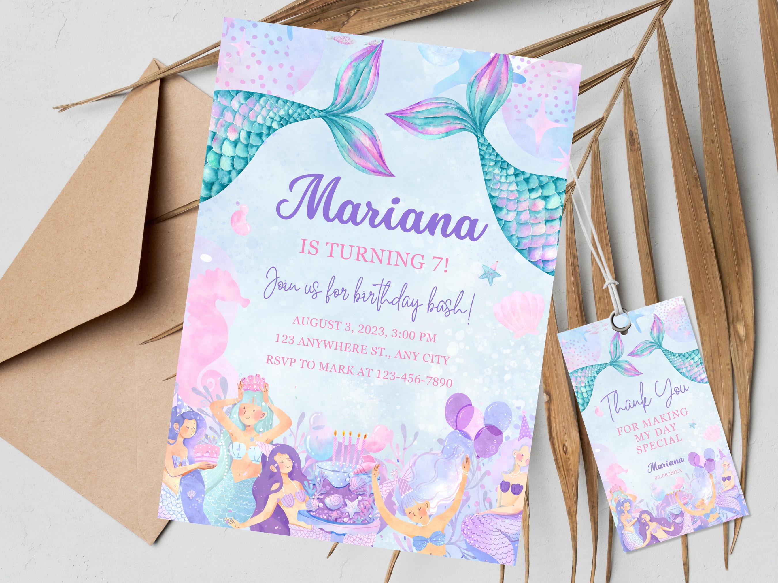 Editable Mermaid Birthday Invitation Canva Template, Sea Birthday Party ...