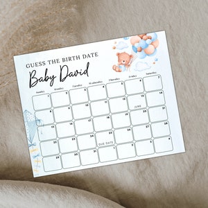 Boy Teddy Bear Baby Due Date Calendar, Blue Baby Shower Game, Guess ...