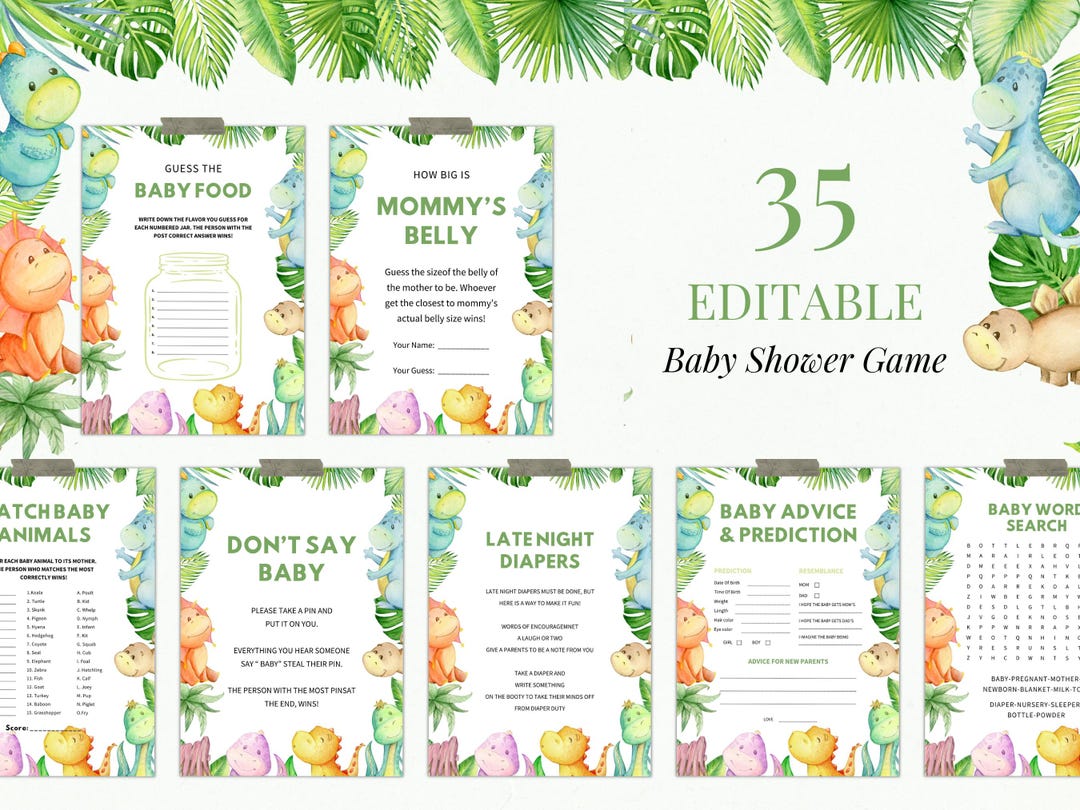 Dinosaur Baby Shower Games Bundle, Greenery Dino Baby Shower Activities ...