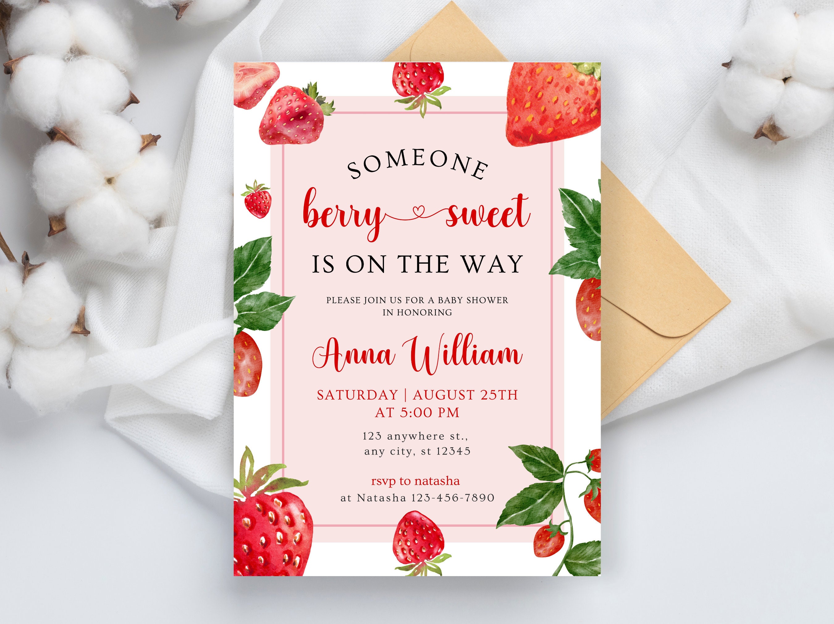Editable Berry Sweet Baby Shower Invitation, Blush Berry Sweet Invite ...