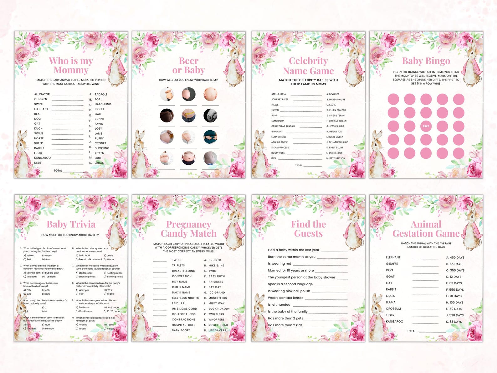 Peter Rabbit Baby Shower Games Bundle, Girl Baby Shower Games Package ...