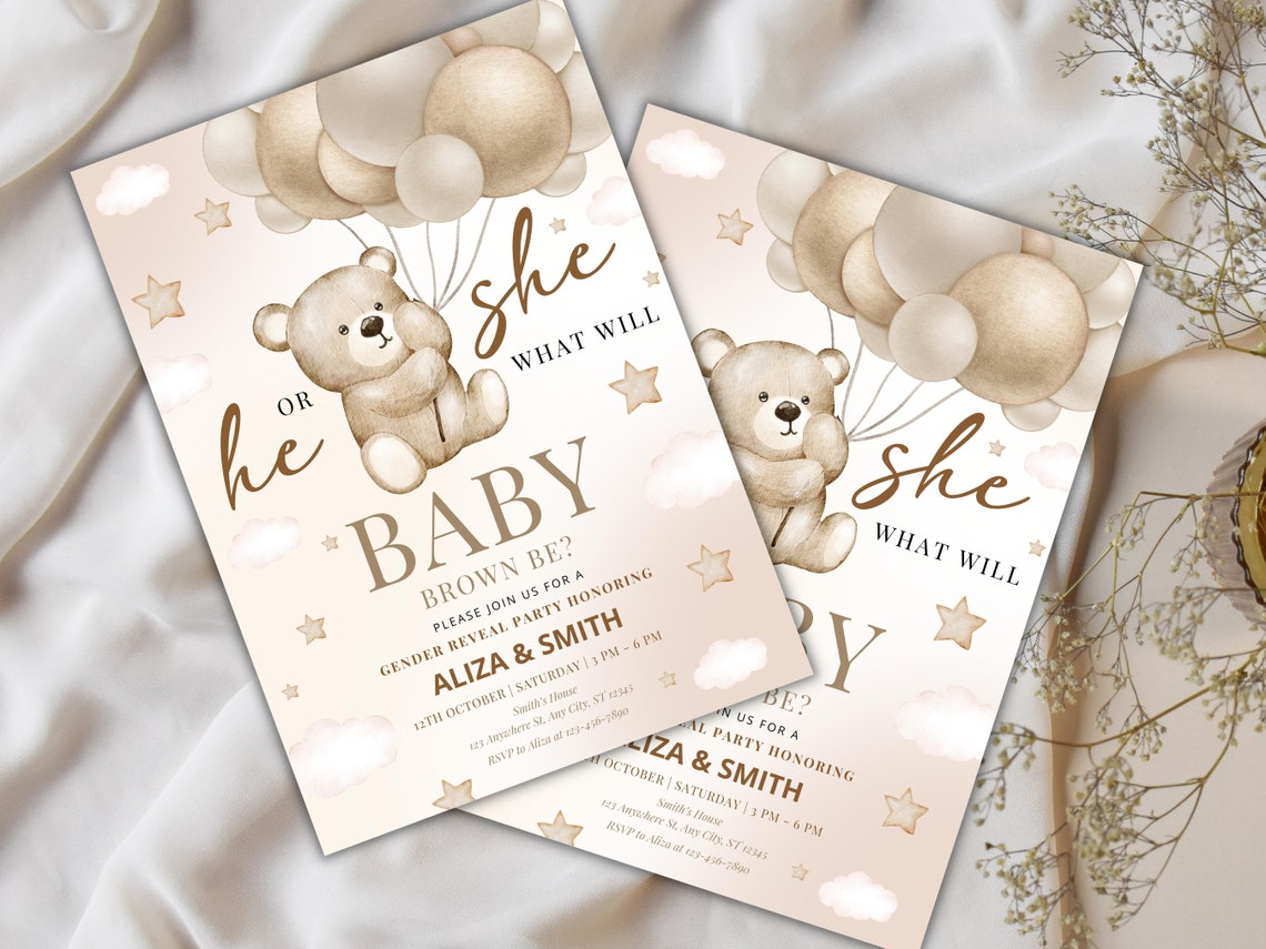 Editable Teddy Bear Gender Neutral Invitation, Gender Reveal Party ...