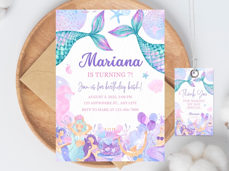 Editable Mermaid Birthday Invitation Canva Template Sea - Etsy
