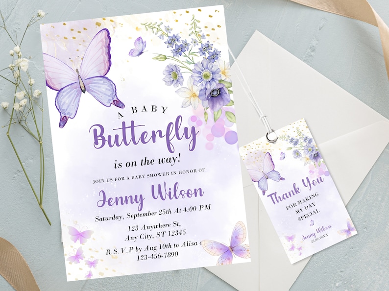 Editable Purple Butterfly Baby Shower Invitation, Butterfly Baby Shower ...