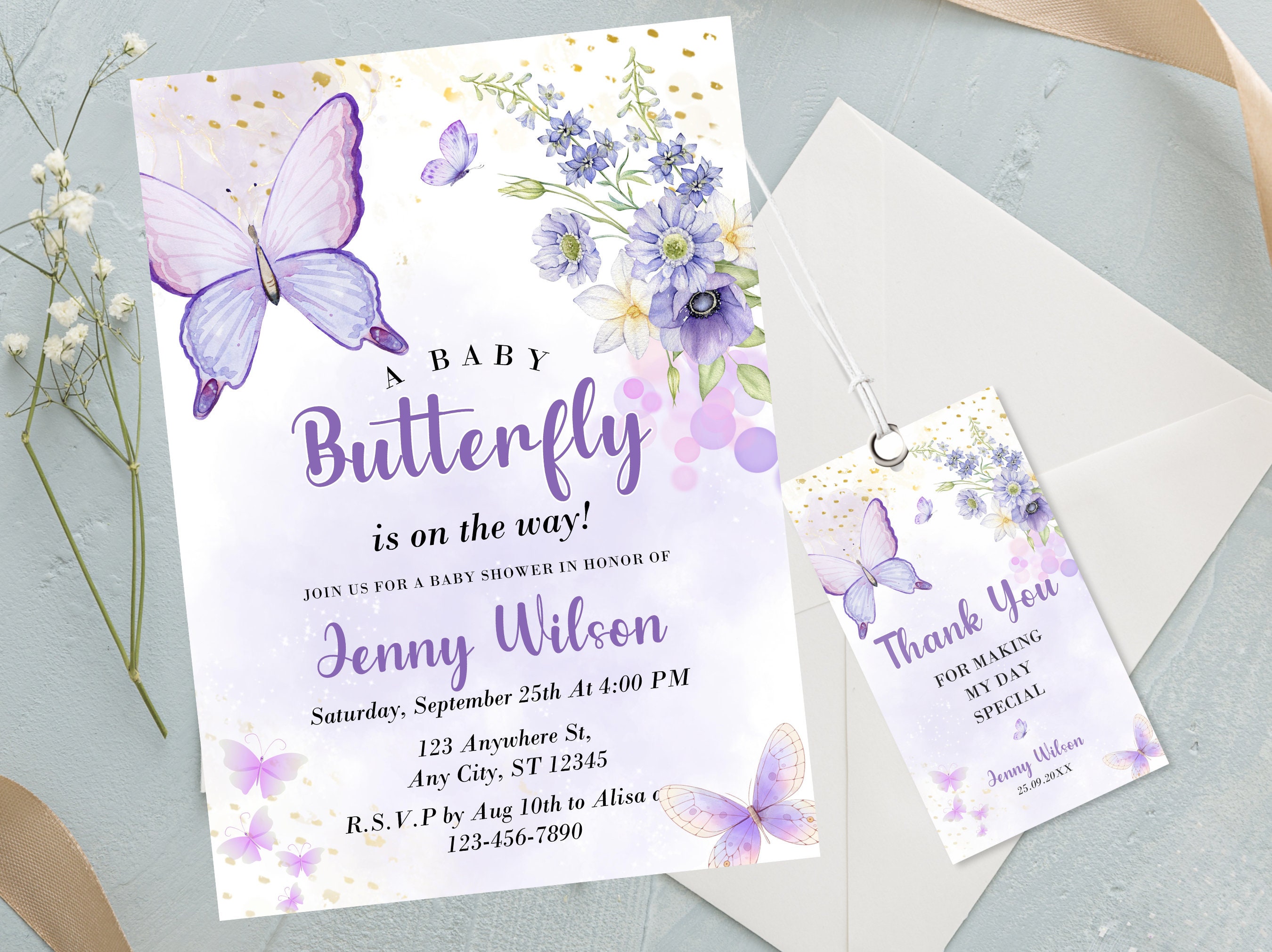 Editable Purple Butterfly Baby Shower Invitation, Butterfly Baby Shower ...