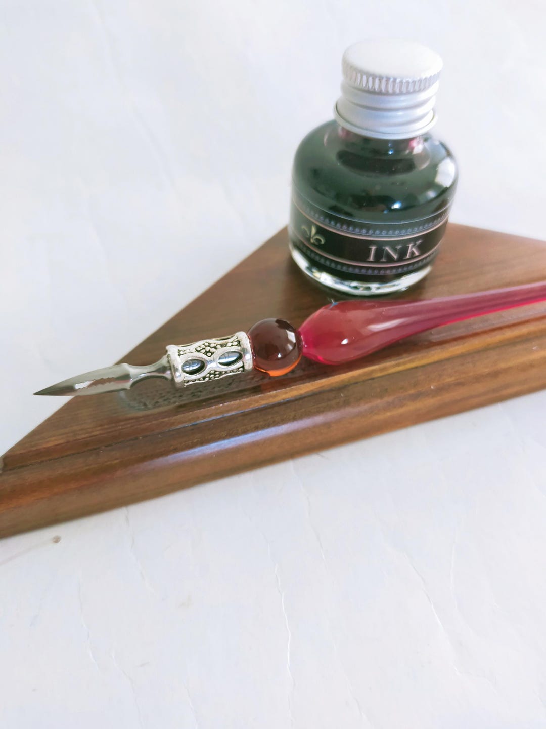 Handcrafted Murano Glass Dip Pen Set • Metal Nib • Ink Bottle • Wooden ...