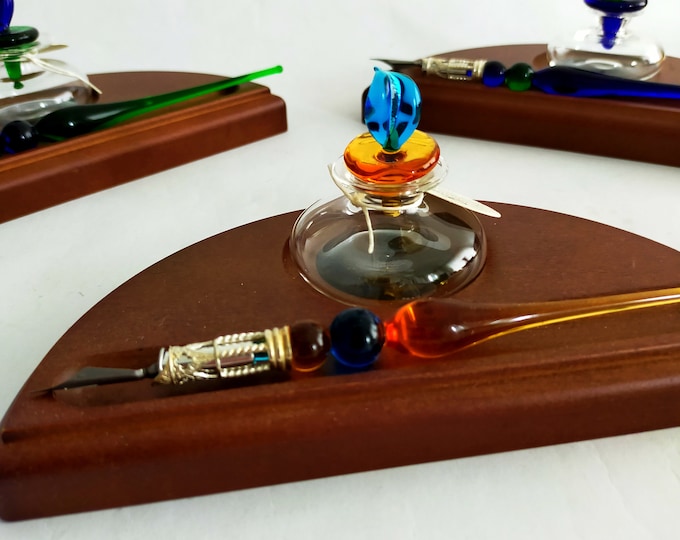 Dip Glass Pen Set With Inkwell on a Wooden Base, Dip Sign Pen, Fine ...