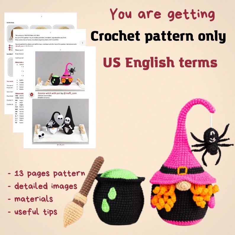 Halloween Crochet Gnome Patterns: Witch Gnome Witch Broom and | Etsy