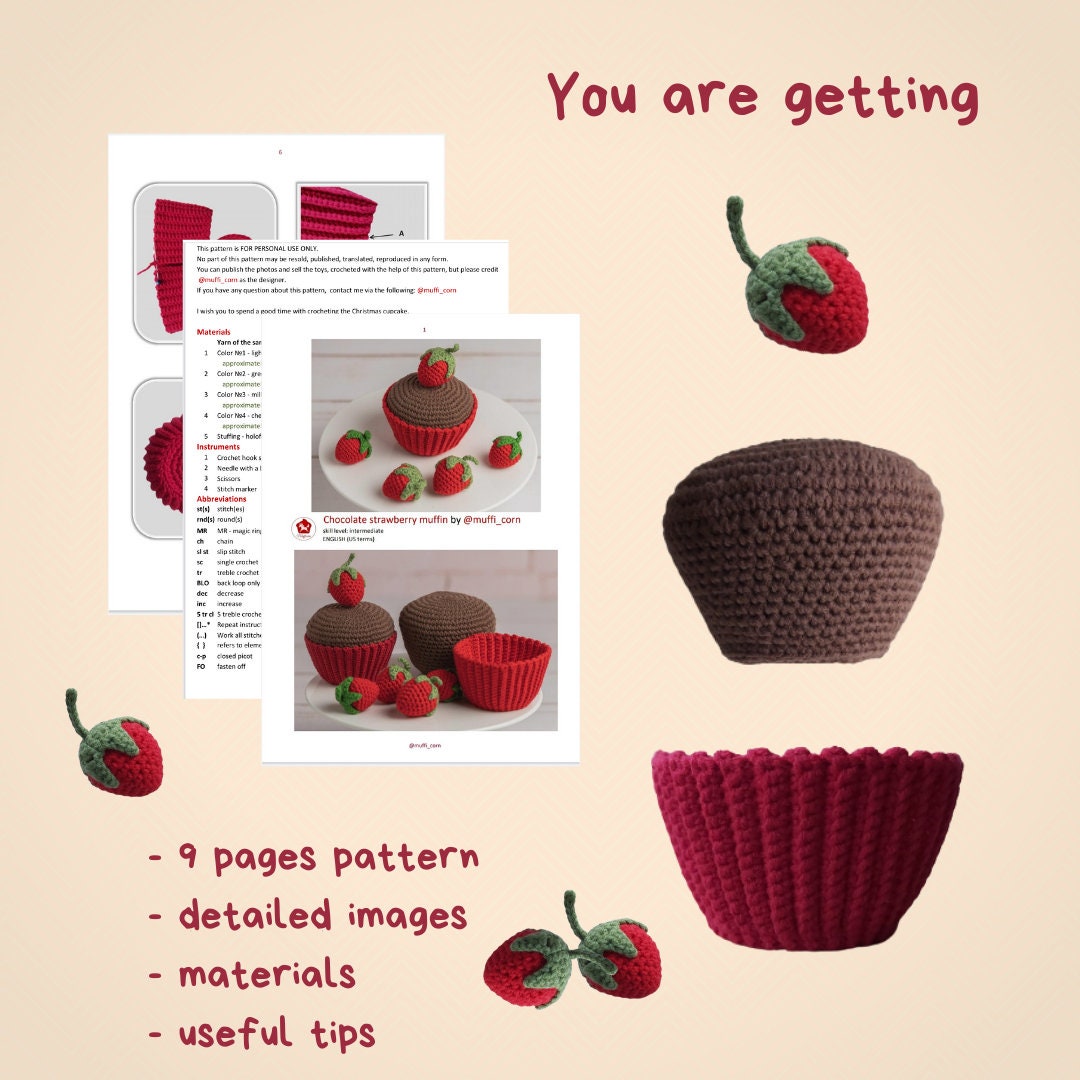 Crochet Strawberry Chocolate Muffin Pattern, Amigurumi Food Pattern for ...