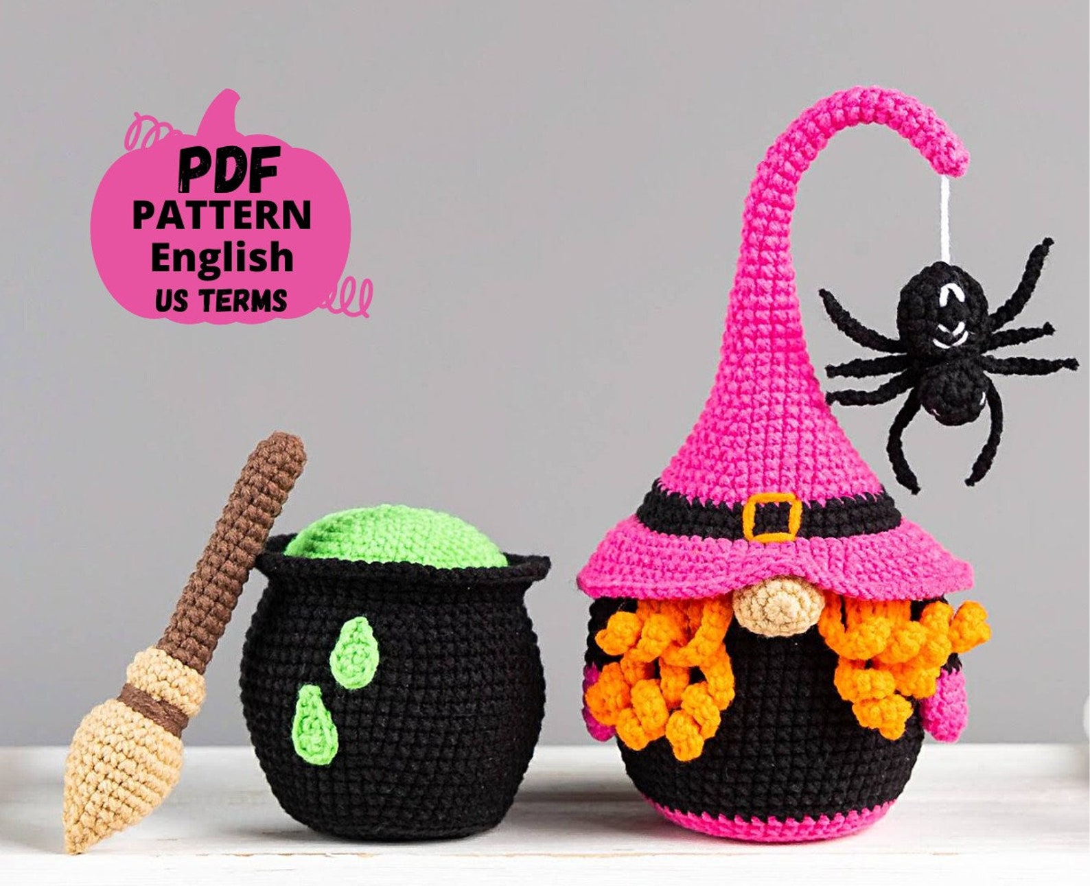 Halloween Crochet Gnome Patterns: Witch Gnome, Witch Broom and Cauldron ...