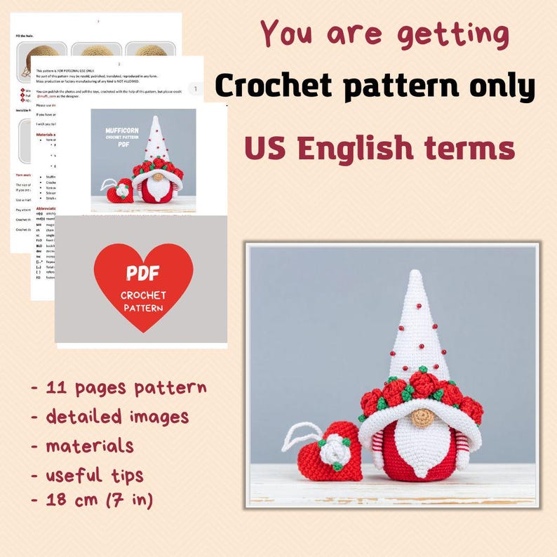 Crochet Patterns Gnome With Heart and Roses by Mufficorn, Valentine ...