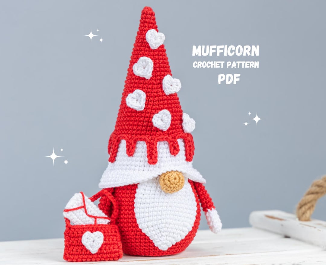 Mufficorn Crochet Patterns Gnome With Crochet Heart and Envelope ...