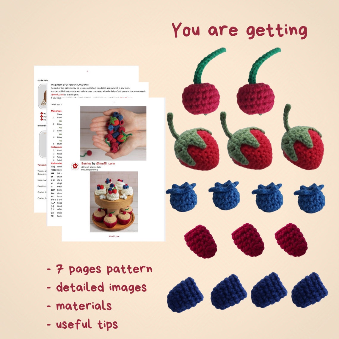 Crochet Berries Pattern: Cherry Raspberry Blueberry - Etsy