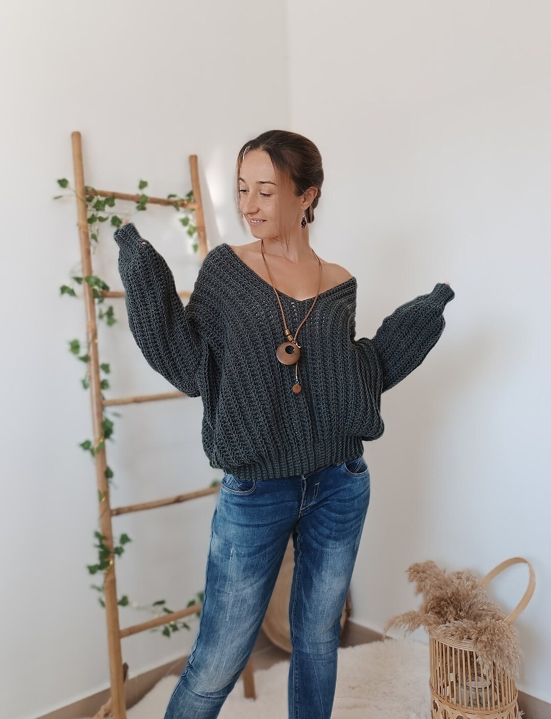 Dark Green Sweater, Crochet Jumper, V Back Jumper, V Neck Jumper, Cozy Slouchy Sweater - Etsy