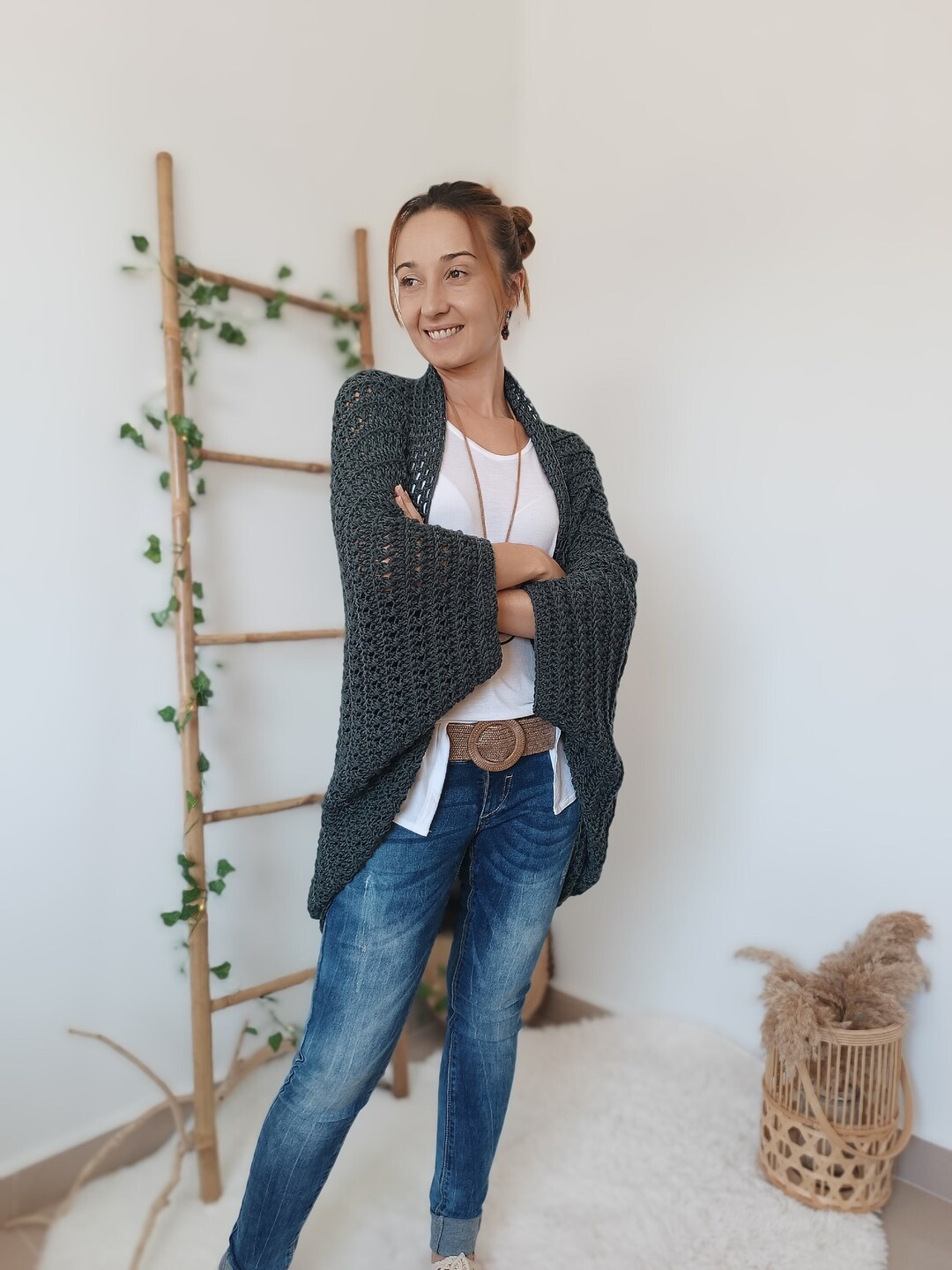 Dark Green Crochet Cocoon Sweater, Womens Crochet Shrug, Crochet ...