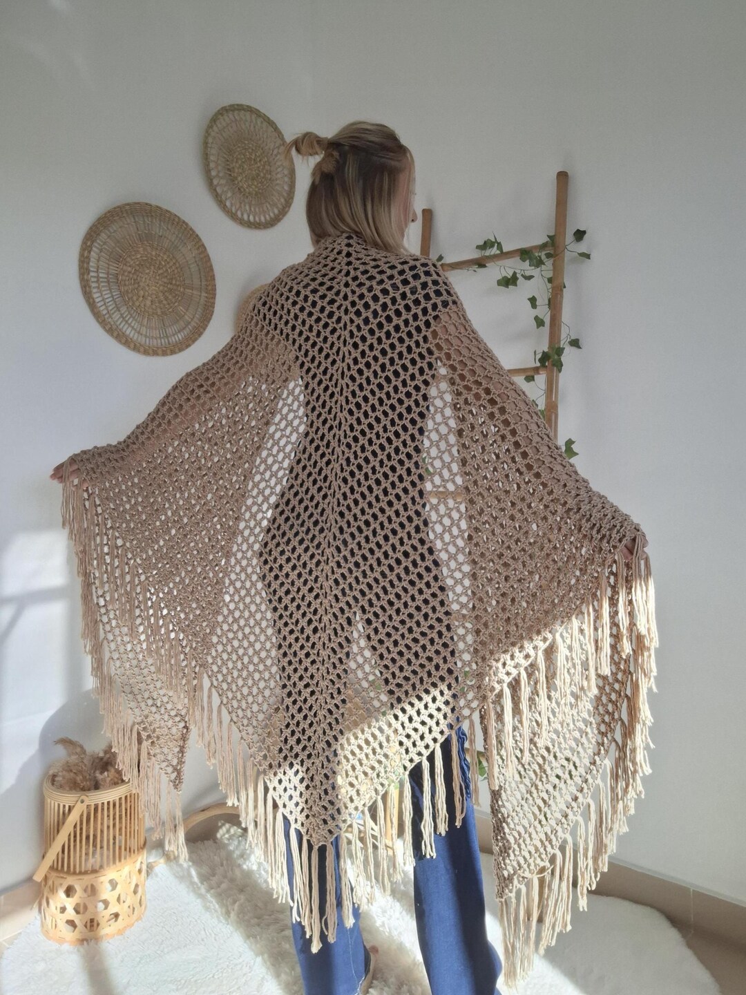 Handmade Crochet Vegan Yarn Shawl: Camel Boho Oversized Wrap With ...