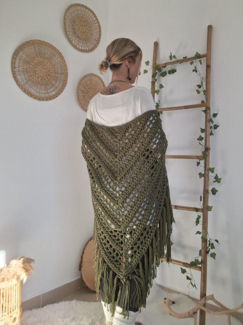 Crochet Fringe Shawl: Olive Green Vegan Wool Boho Wrap - Etsy
