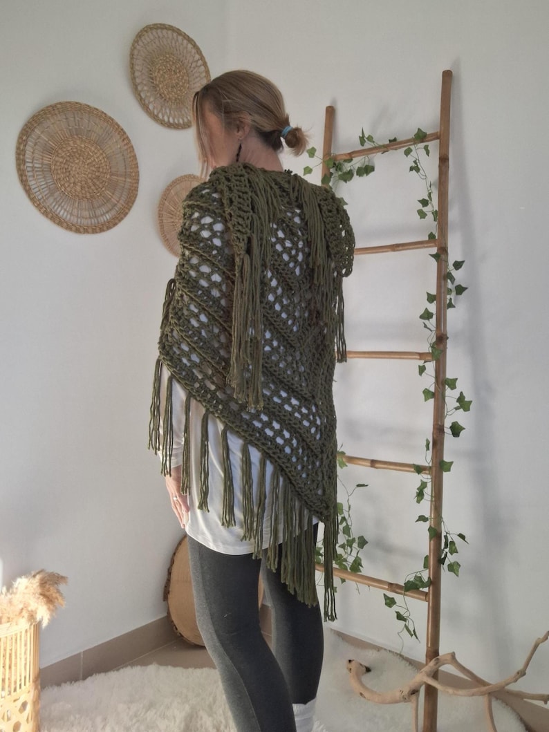 Crochet Fringe Shawl: Olive Green Vegan Wool Boho Wrap - Etsy