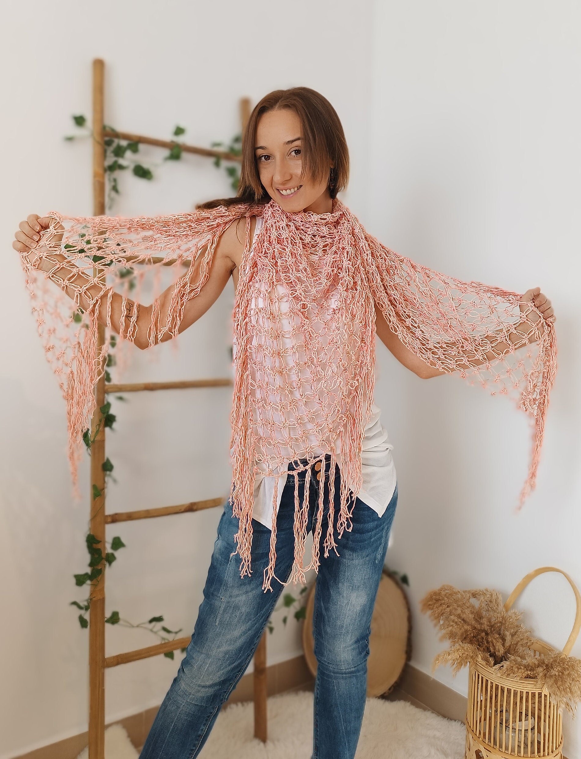 Pink Tones Crochet Shawl for Women, Cotton Crochet Shawl, Open Weave ...
