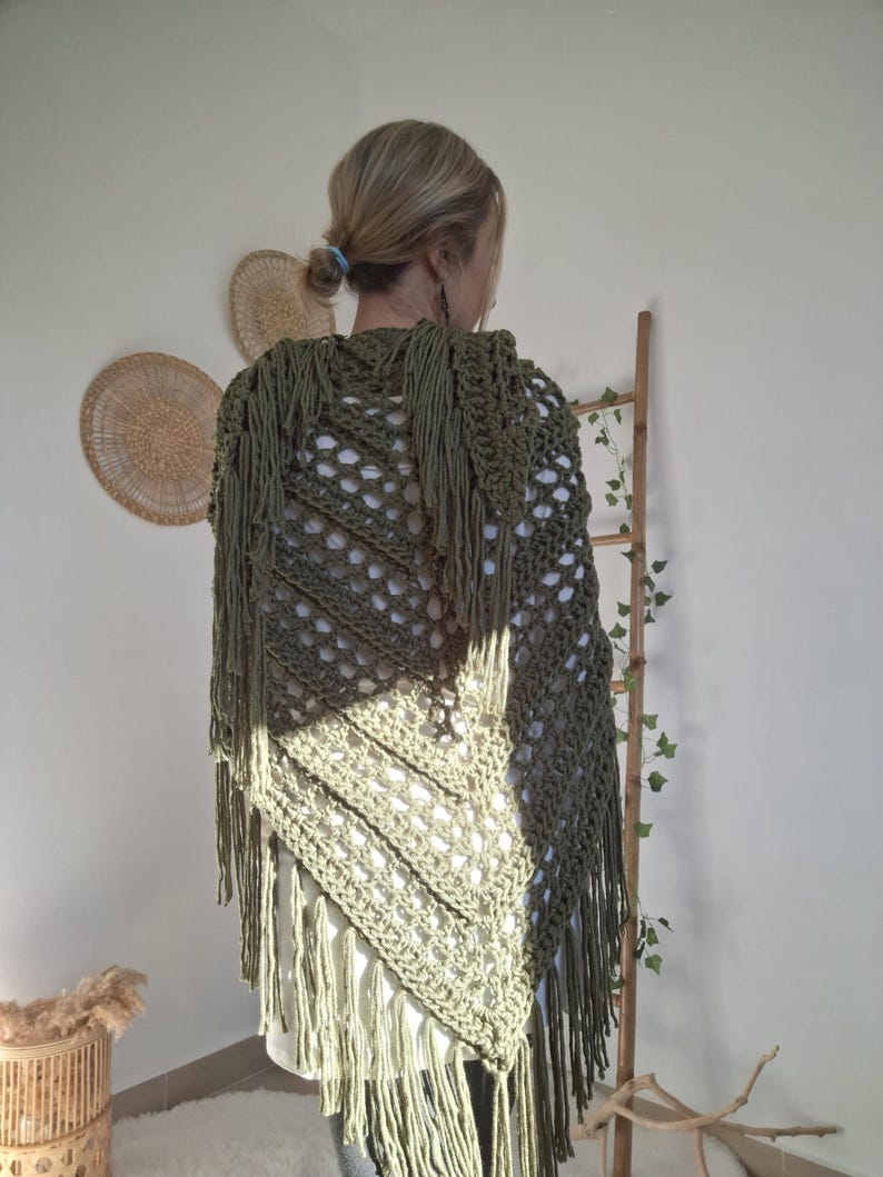 Crochet Fringe Shawl: Olive Green Vegan Wool Boho Wrap - Etsy