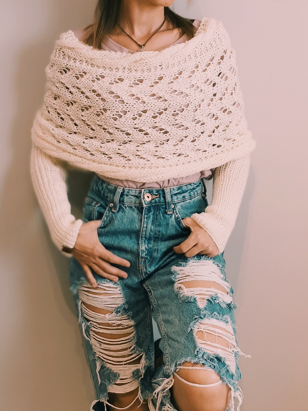 Loose Knit Sweater Scarf With Sleeves Chunky Wool Sweater - Etsy