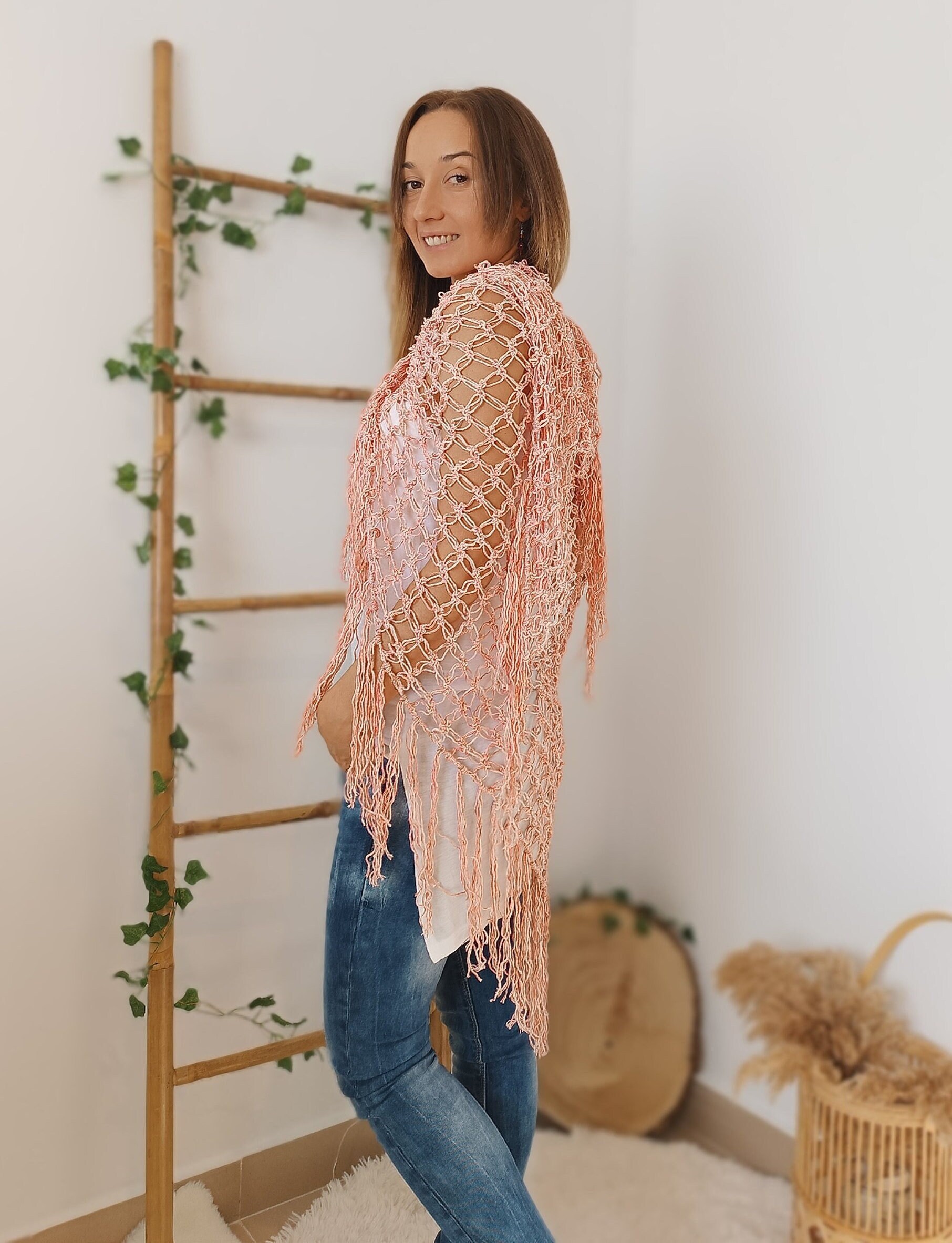 Pink Tones Crochet Shawl for Women, Cotton Crochet Shawl, Open Weave ...