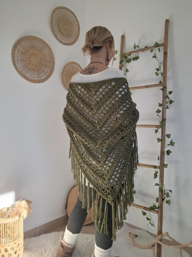 Crochet Fringe Shawl: Olive Green Vegan Wool Boho Wrap - Etsy