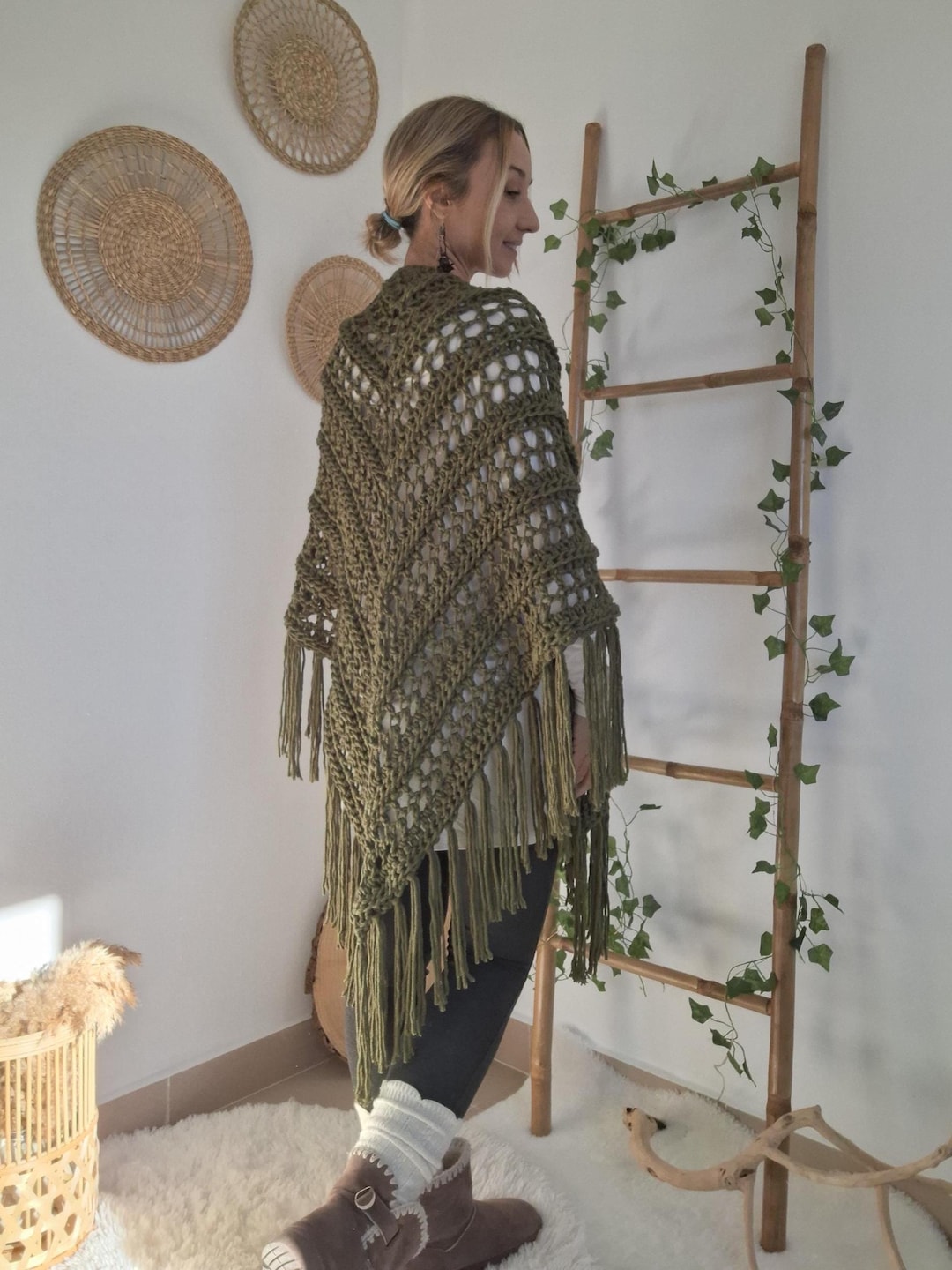 Crochet Fringe Shawl: Olive Green Vegan Wool Boho Wrap - Etsy