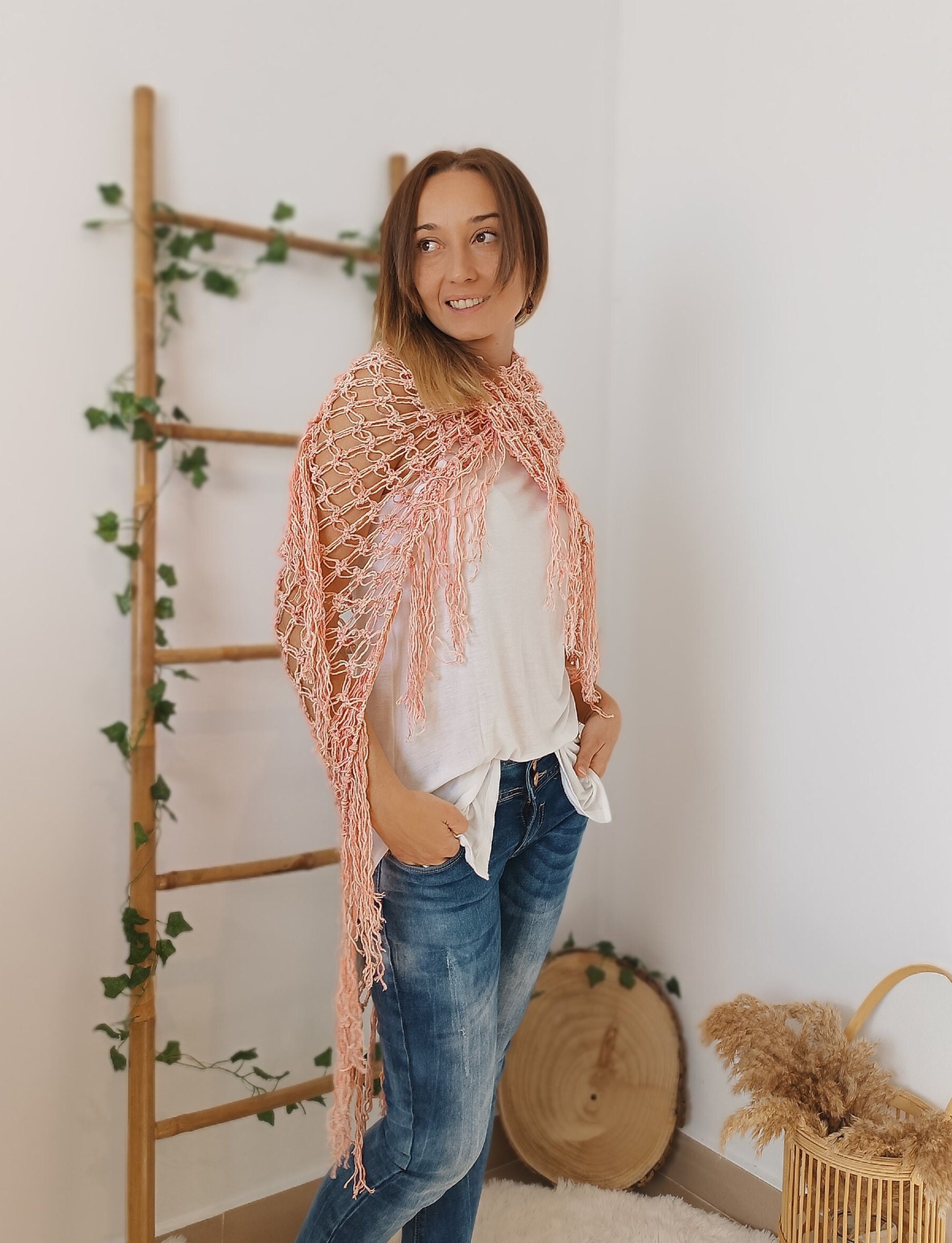 Pink Tones Crochet Shawl for Women, Cotton Crochet Shawl, Open Weave ...
