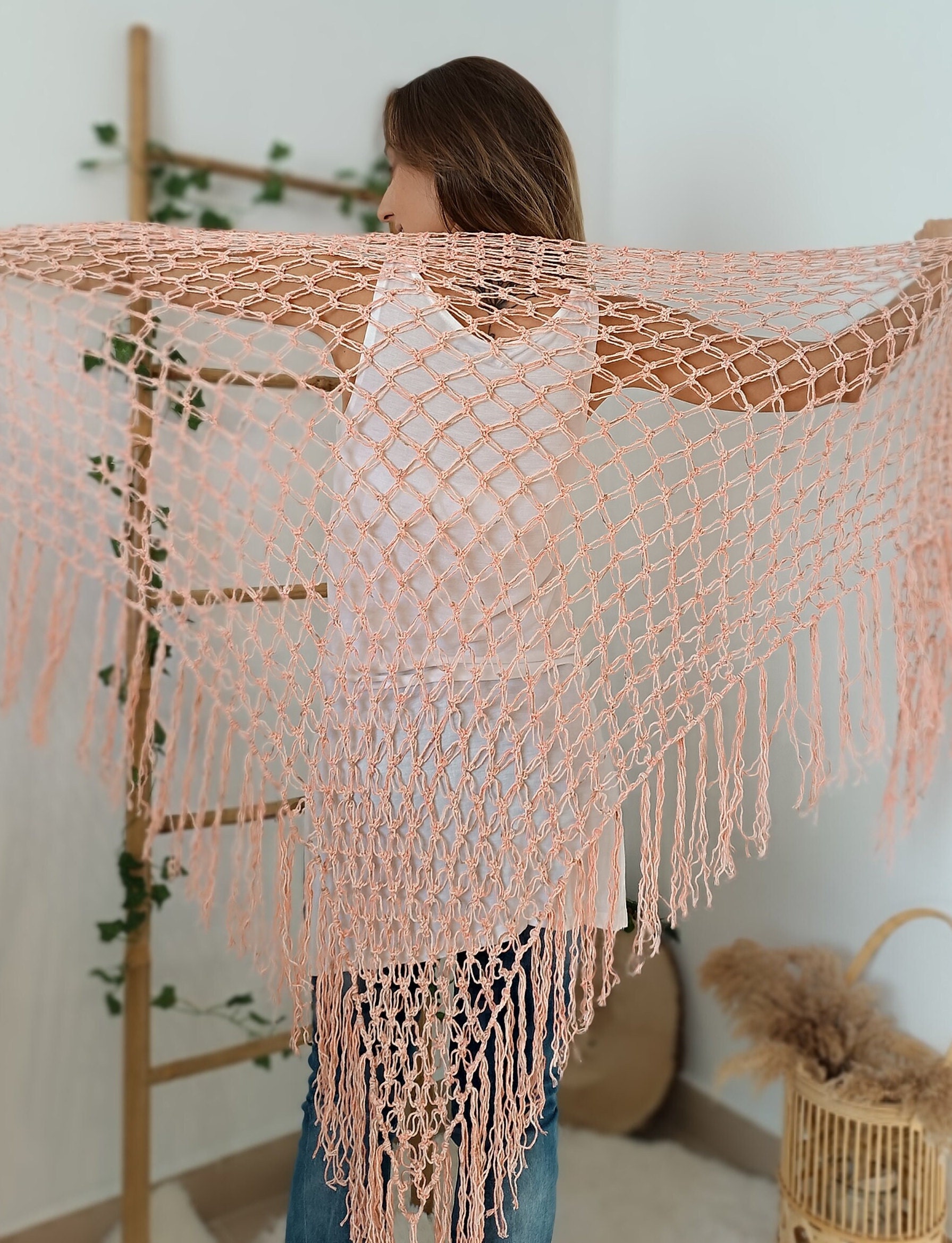 Pink Tones Crochet Shawl for Women, Cotton Crochet Shawl, Open Weave ...