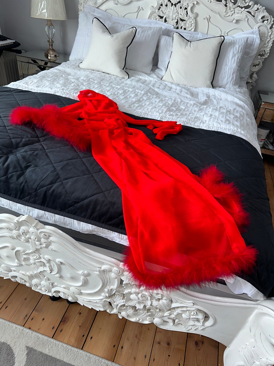 Red Chiffon Feather Robe, Faux Feather Lingerie, Sexy Lingerie, Custom ...