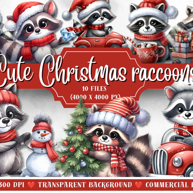 Raccoon Christmas Clipart - Etsy
