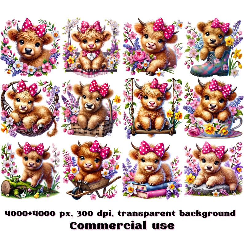 Spring Clipart Spring Highland Cow Clipart Png Cute Spring Cow Cub ...