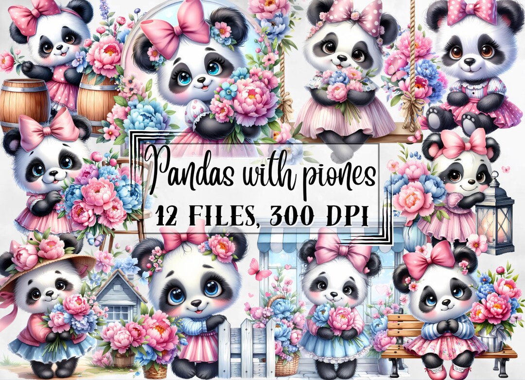 Pandas Clipart, Spring Pandas Png, Little Pandas Clip Art, Peonies ...