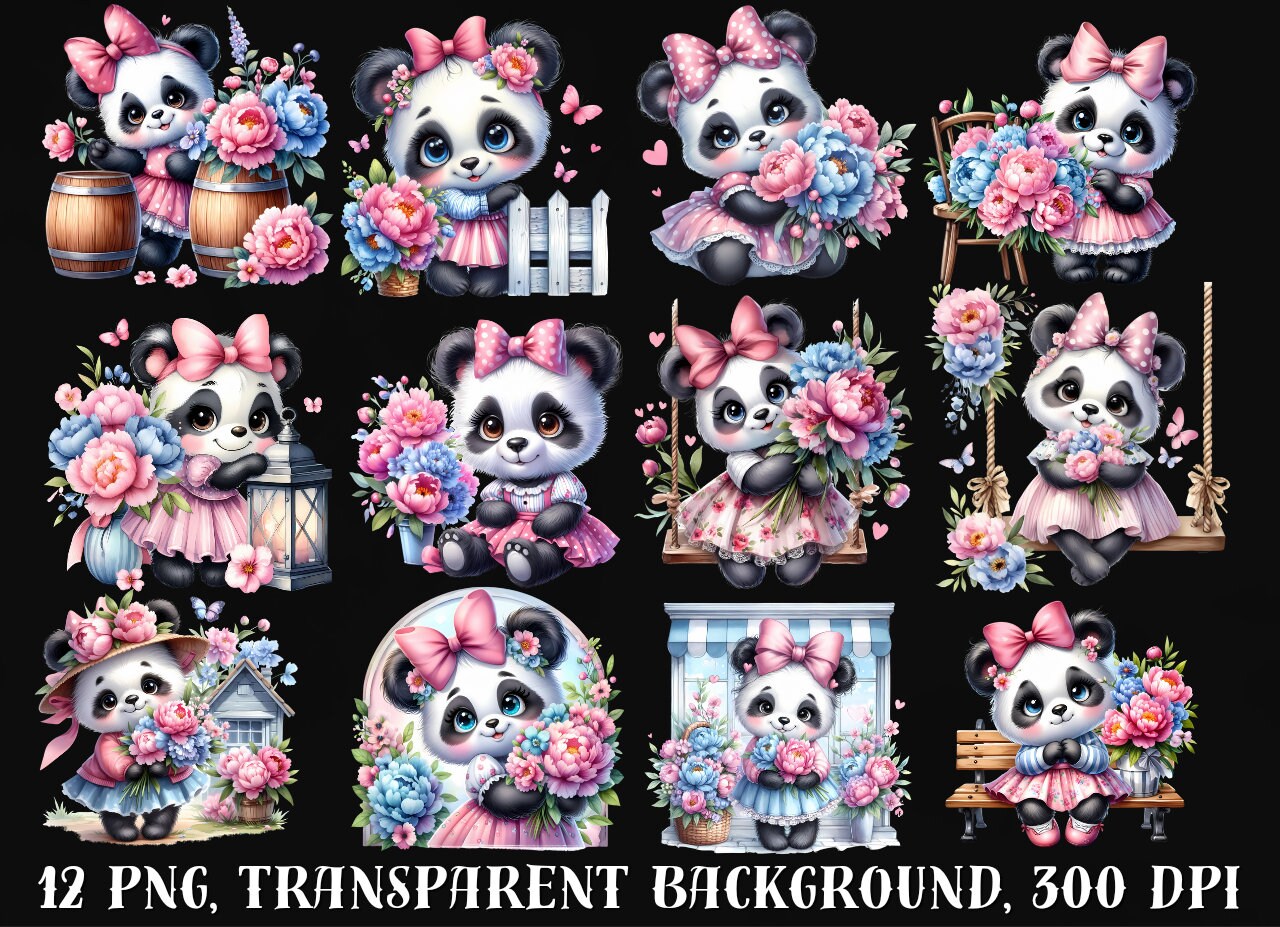 Pandas Clipart, Spring Pandas Png, Little Pandas Clip Art, Peonies ...