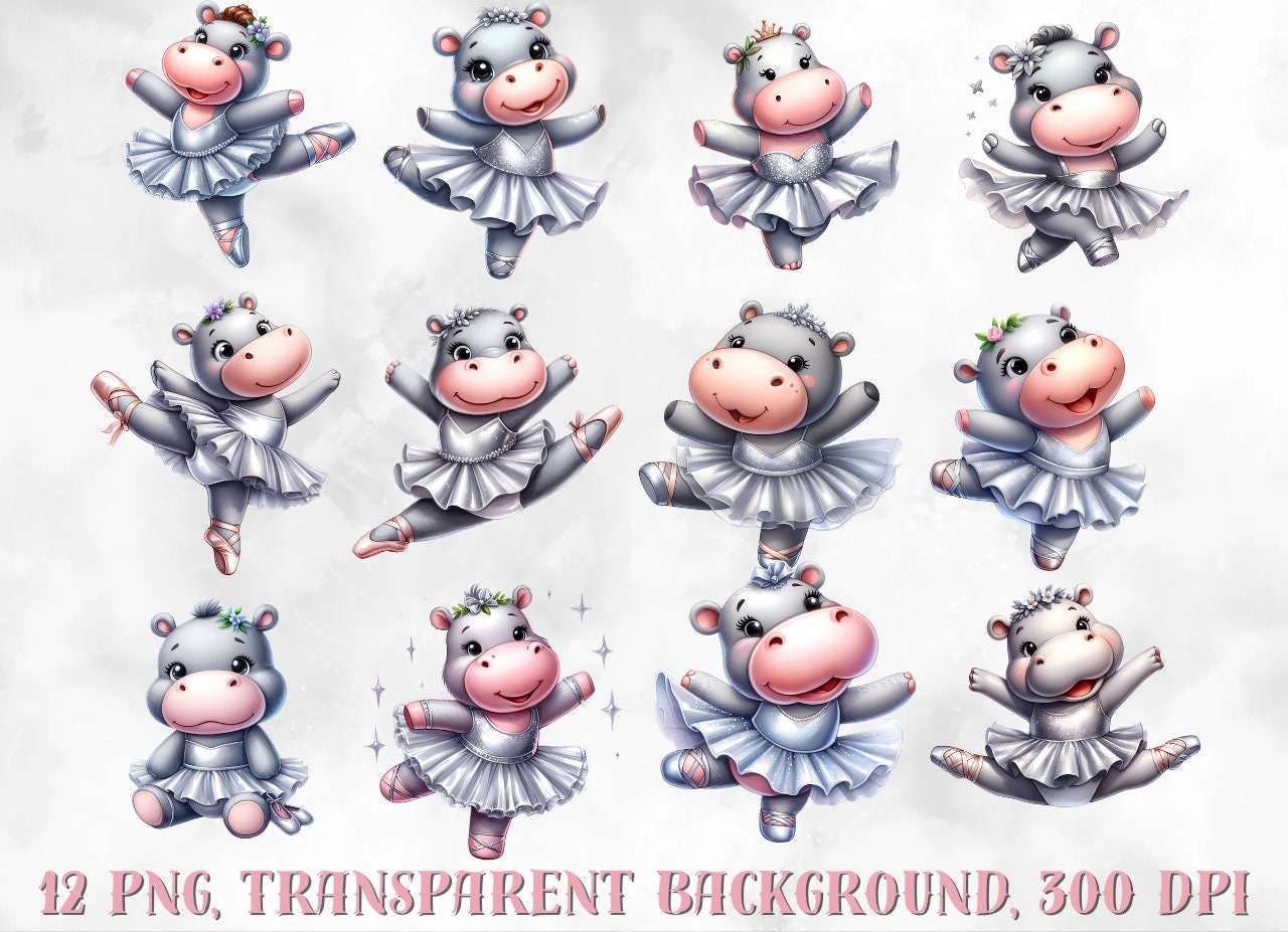 Hippos Clip Art, Cute Hippos Ballerinas Clip Art, Ballet Sublimation, B ...