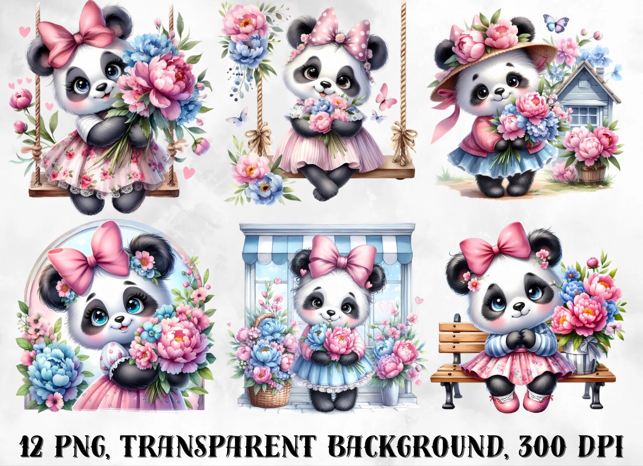 Pandas Clipart, Spring Pandas Png, Little Pandas Clip Art, Peonies ...