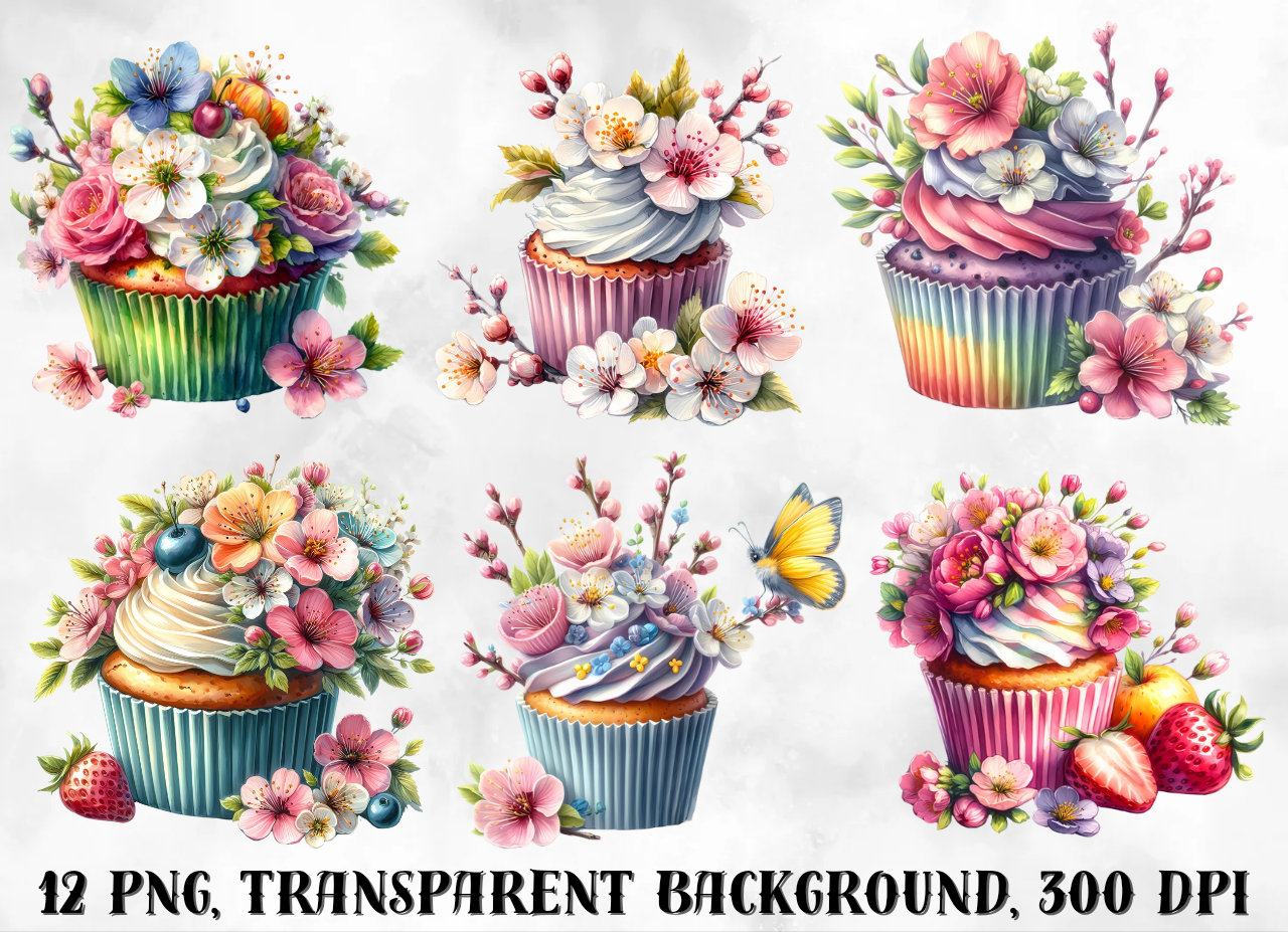 Cupcake Clipart, Spring Cupcakes Png, Flowers Clipart, Bakery Clipart ...